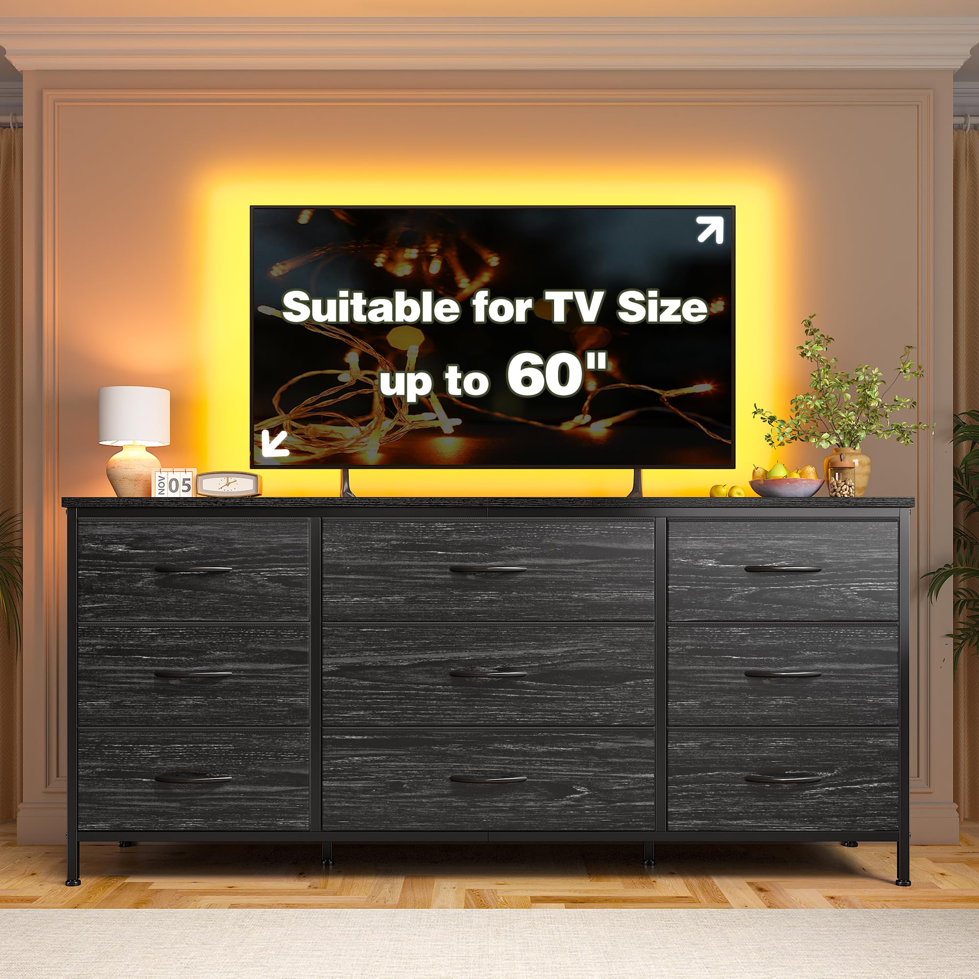 EnHomee Dresser TV Stand with 9 Drawers for 60'' TV Stand for Bedroom Long Dresser for Bedroom Wide Dressers & Chests of Drawers, Sturdy Metal Frame & Wood Top, Living Room, Closet, Charcoal Black