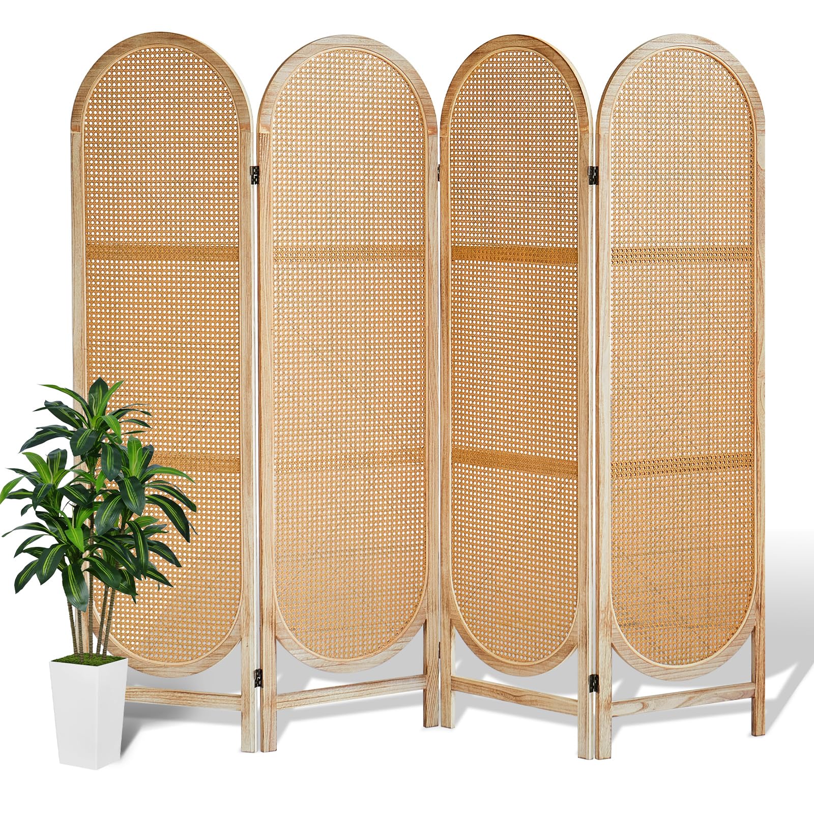 Asnefeli 4 Panels Room Dividers, Foldable Wooden Room Dividers, Individual Privacy Screens Made of Hand-Woven Rattan, Portable Wall Dividers for Home Office Bedroom Bathroom Dressing Room (Natural)