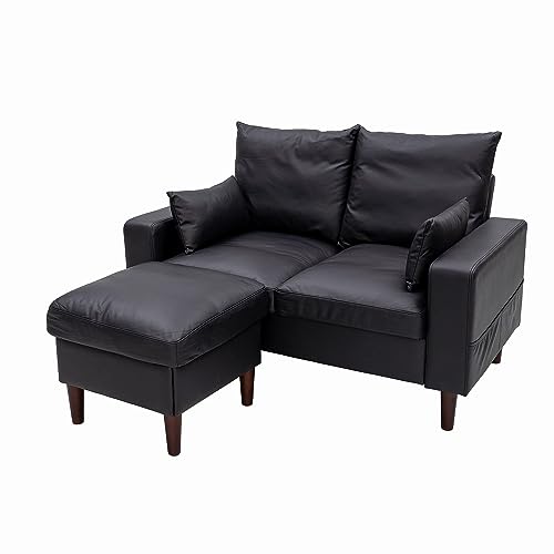 Panana 54.5" Small Loveseat Couch Sofa, Fabric Upholstered 2-Seat Sofa, Love Seat Furniture with Wood Leg for Small Space, Living Room, Apartment (Black Faux Leather, Track Arm-2 Seater with Ottoman)