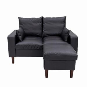 Panana 54.5" Small Loveseat Couch Sofa, Fabric Upholstered 2-Seat Sofa, Love Seat Furniture with Wood Leg for Small Space, Living Room, Apartment (Black Faux Leather, Track Arm-2 Seater with Ottoman)