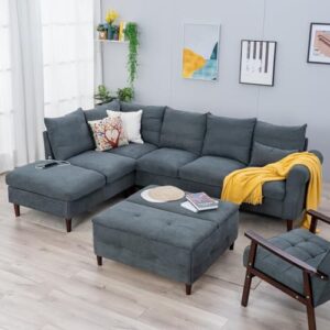 Panana Convertible Sectional L-Shaped Couch with Built-in USB Port Chaise for Living Room, 6 Seats Oversized Sofas with Cushion Backrest (Gray Linen, Rolled Arm-Left Corner)