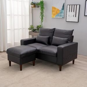 panana 54.5" small loveseat couch sofa, fabric upholstered 2-seat sofa, love seat furniture with wood leg for small space, living room, apartment (black faux leather, track arm-2 seater with ottoman)