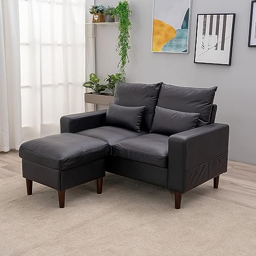 Panana 54.5" Small Loveseat Couch Sofa, Fabric Upholstered 2-Seat Sofa, Love Seat Furniture with Wood Leg for Small Space, Living Room, Apartment (Black Faux Leather, Track Arm-2 Seater with Ottoman)