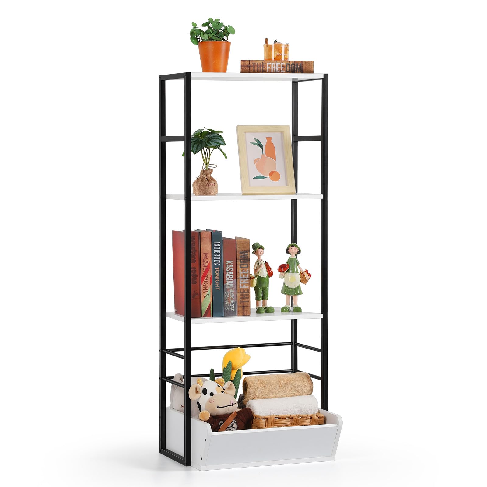 Vrisa White Bookcase 4 Tier Bookshelf with Storage Small Toy Storage Organizer for Books, CDs, Movies Bookcase Storage Organizer Bookshelves for Bedroom Home Office Living Room