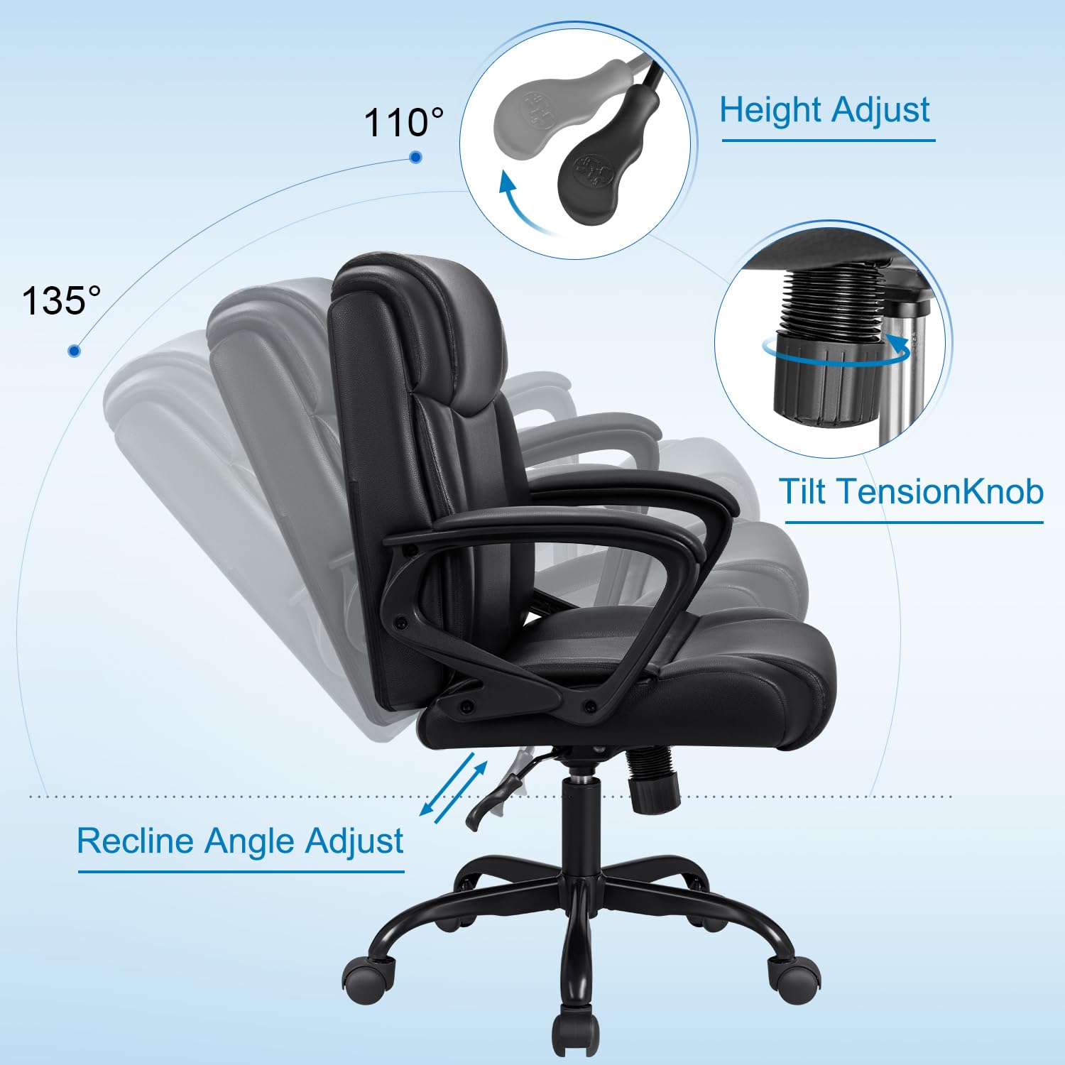 VICTONE Home Office Chair Mid Back PU-Leather Computer Desk Chair, Height Adjustable Ergonomic Executive Chair with Padded Armrests Lumbar Support