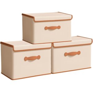 doorsout foldable storage boxes with lids, fabric storage box with handles, extra large storage basket bins for wardrobe clothes toy 38 * 26 * 25cm (3pack beige)