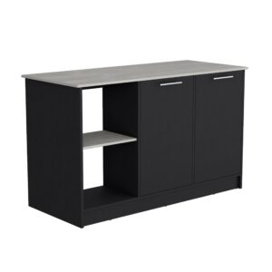 tuhome juniper kitchen island with large top surface, double door cabinet, and open shelves -black/onyx