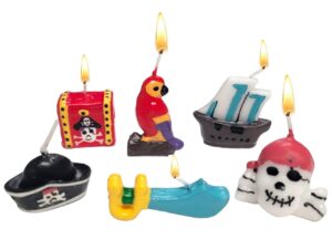 pirate themed birthday cake candles (set of 6) treasure chest, skull, sword, pirate hat, pirate ship and a parrot. great cupcake topper candle (1 set)