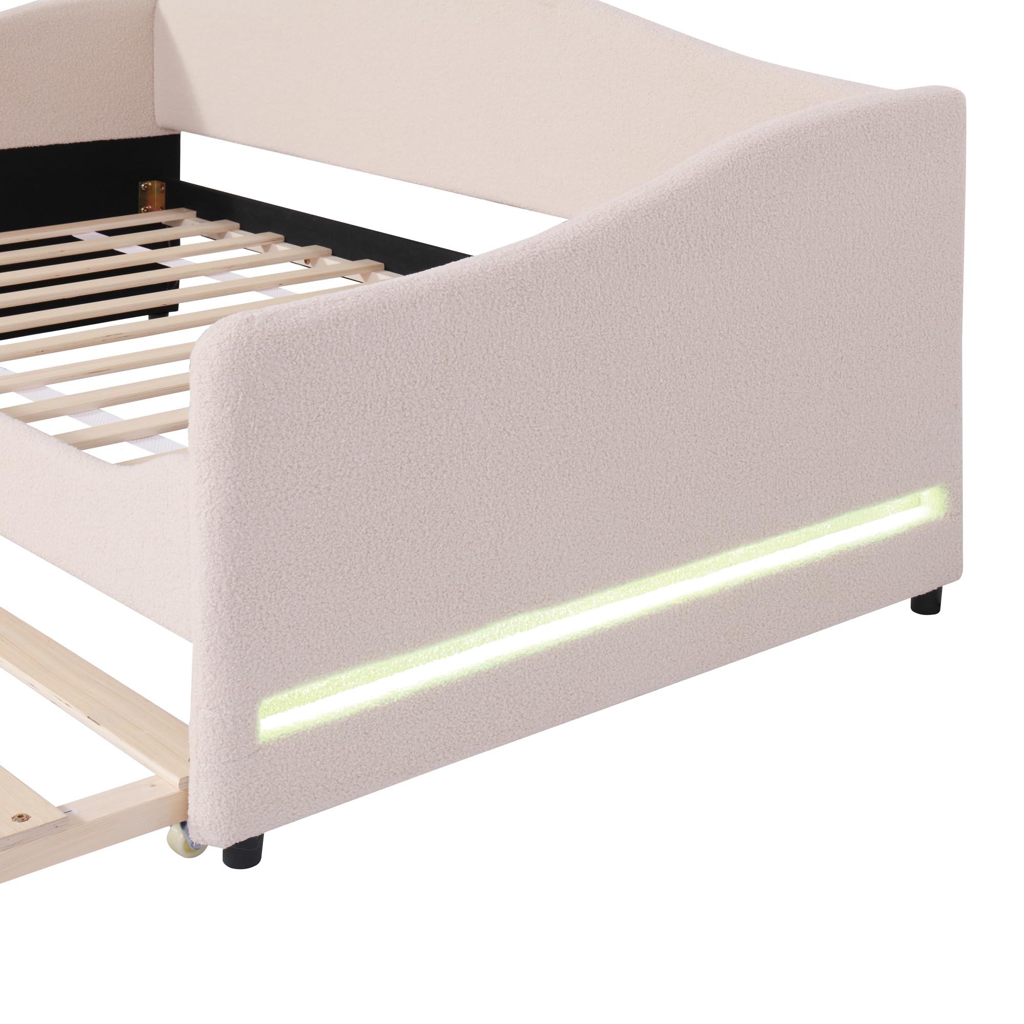 Merax Upholstered Daybed, Twin Size Teddy Fleece Sofa Bed with Trundle & LED Lights for Bedroom, Wood Slat Support, No Box Spring Needed, Easy Assembly, Beige