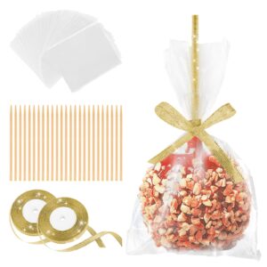 mgwoth candy apple bags and sticks set of 50, caramel apple wrapping kit with bamboo skewer for rice krispie treat, fruit pop golden glitter ribbon wrapper for party birthday wedding christmas dessert