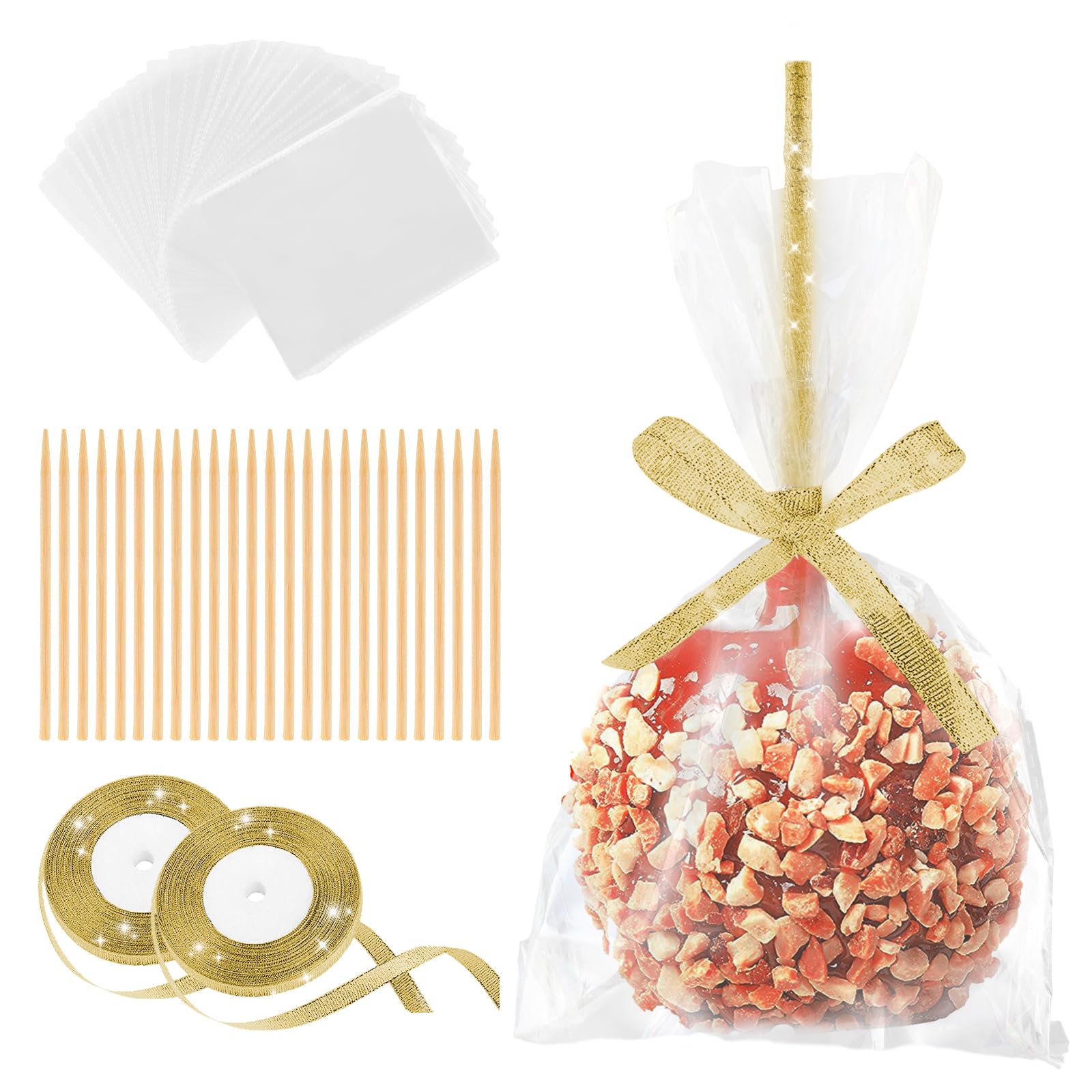 MGWOTH Candy Apple Bags and Sticks Set of 50, Caramel Apple Wrapping Kit with Bamboo Skewer for Rice Krispie Treat, Fruit Pop Golden Glitter Ribbon Wrapper for Party Birthday Wedding Christmas Dessert