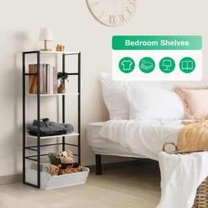 Vrisa White Bookcase 4 Tier Bookshelf with Storage Small Toy Storage Organizer for Books, CDs, Movies Bookcase Storage Organizer Bookshelves for Bedroom Home Office Living Room