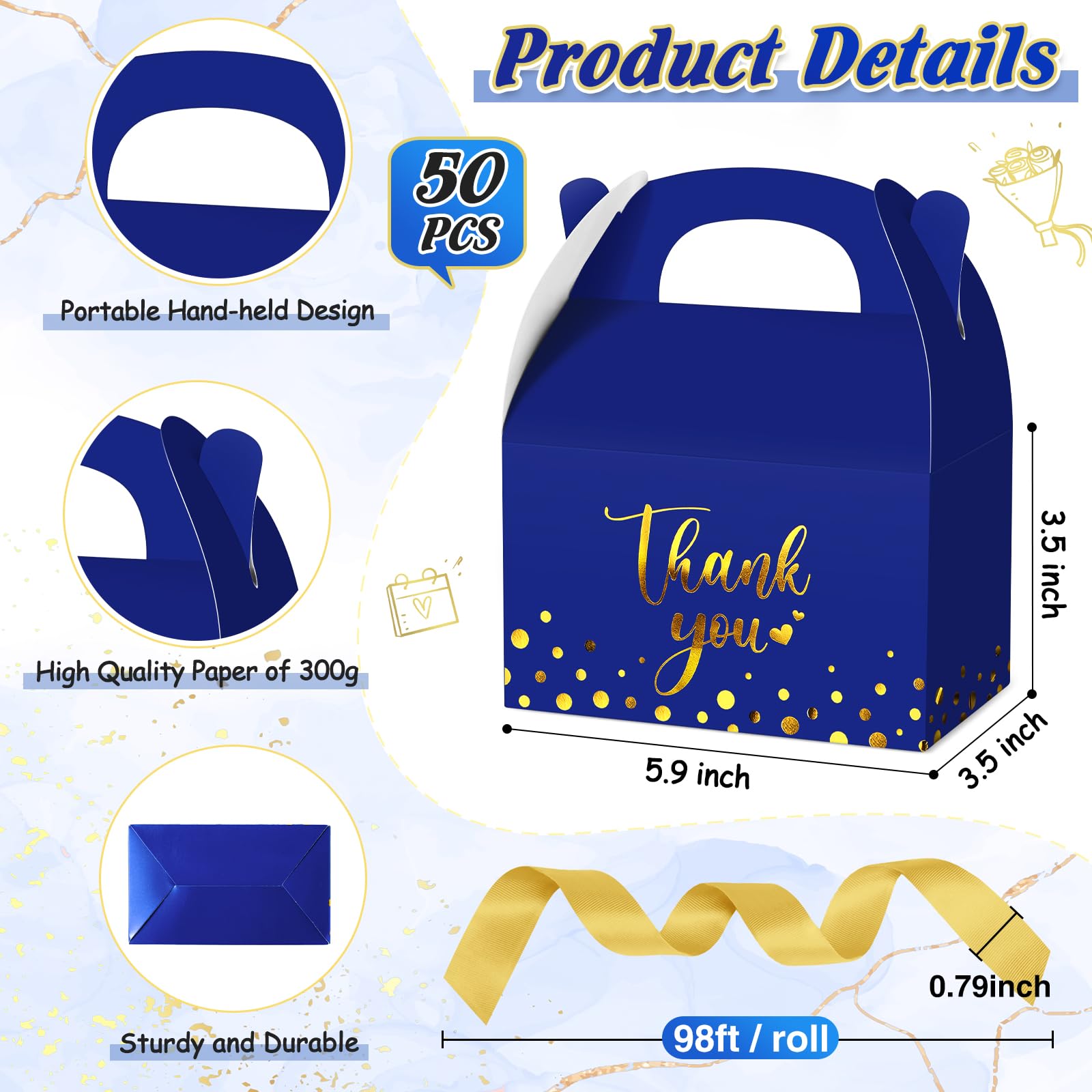 Engrowtic 50 Pcs Thank You Boxes Ribbon Gift Boxes with Handles 5.9 x 3.5 x 3.5 Inch Thank You Treat Boxes Gold Foil Print Paper Boxes for Graduation Wedding Baby Shower Holiday Party(Royal Blue)