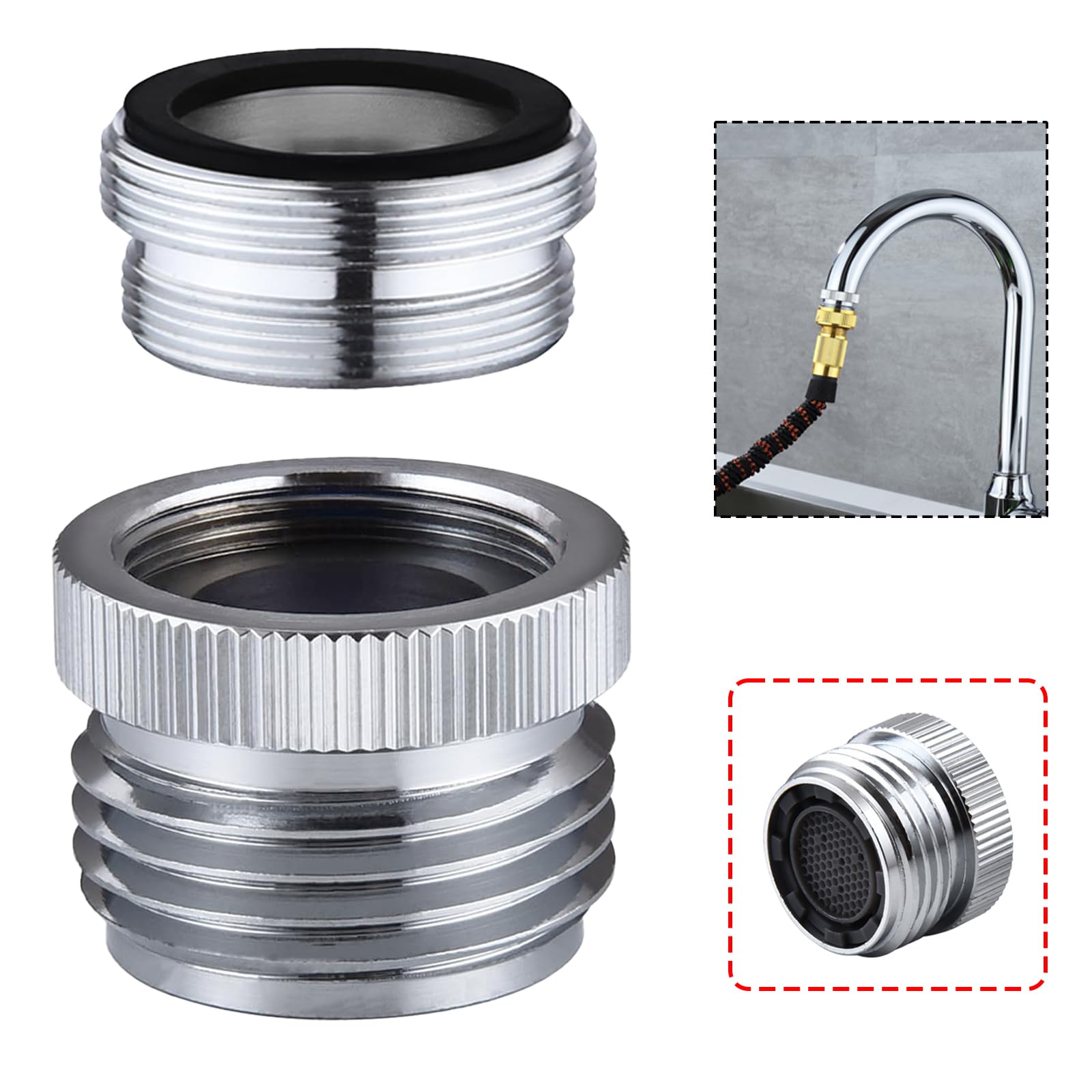 SNUTUYA Faucet Adapter with Aerator, Sink Faucet to Garden Hose Adapter, Faucet Adapter to Garden Hose for Kitchen and Bathroom, hose attachment to sink，3/4" GHT Thread Chrome.