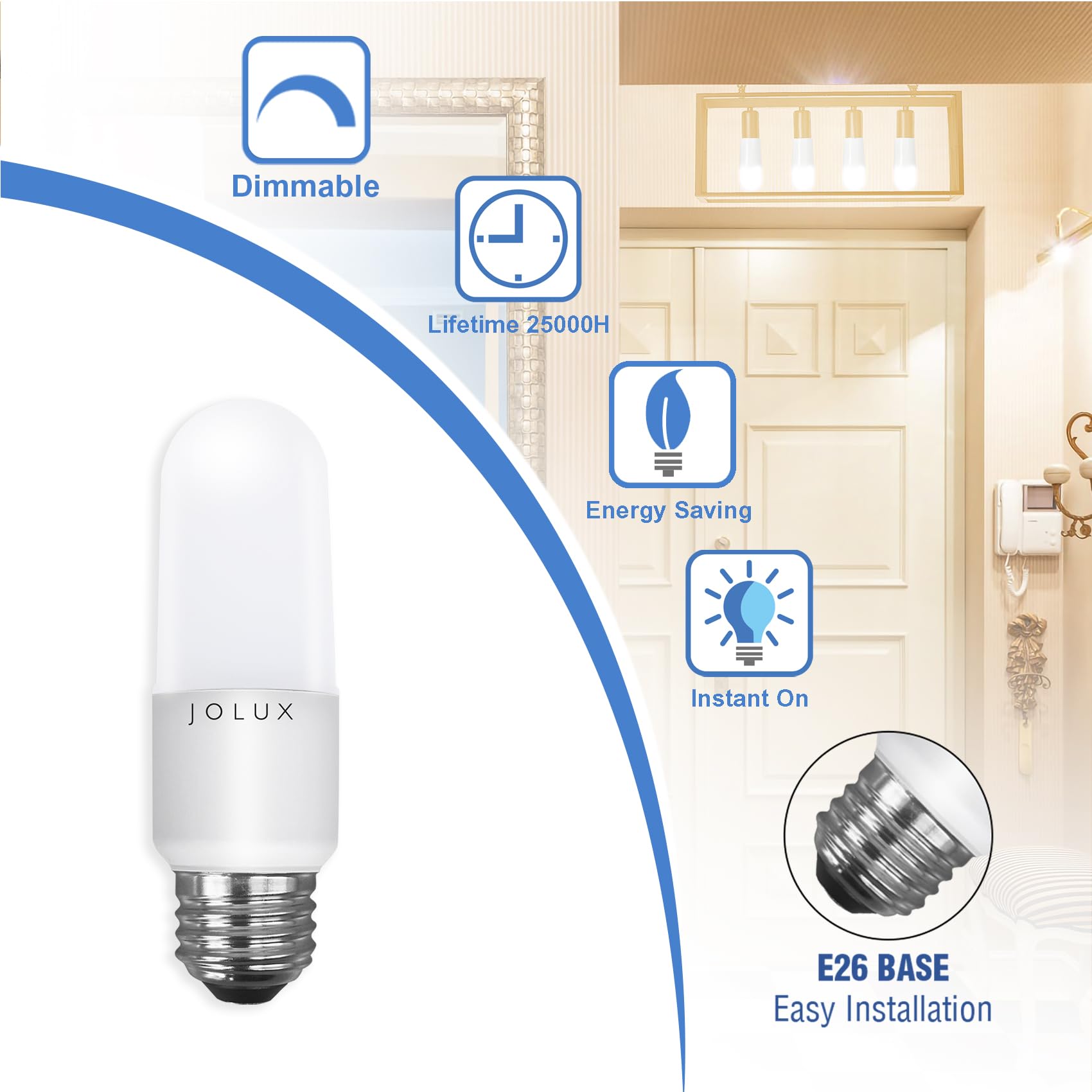 Jolux LED Bright Stik Dimmable,led Bulbs 60 watt Equivalent,5000K(Daylight) led Enclosed Fixture Rated, 8.5 Watt 800 Lumen,Standard Medium Screw Base,E26 led Bulb Narrow,6 Count (Pack of 1)