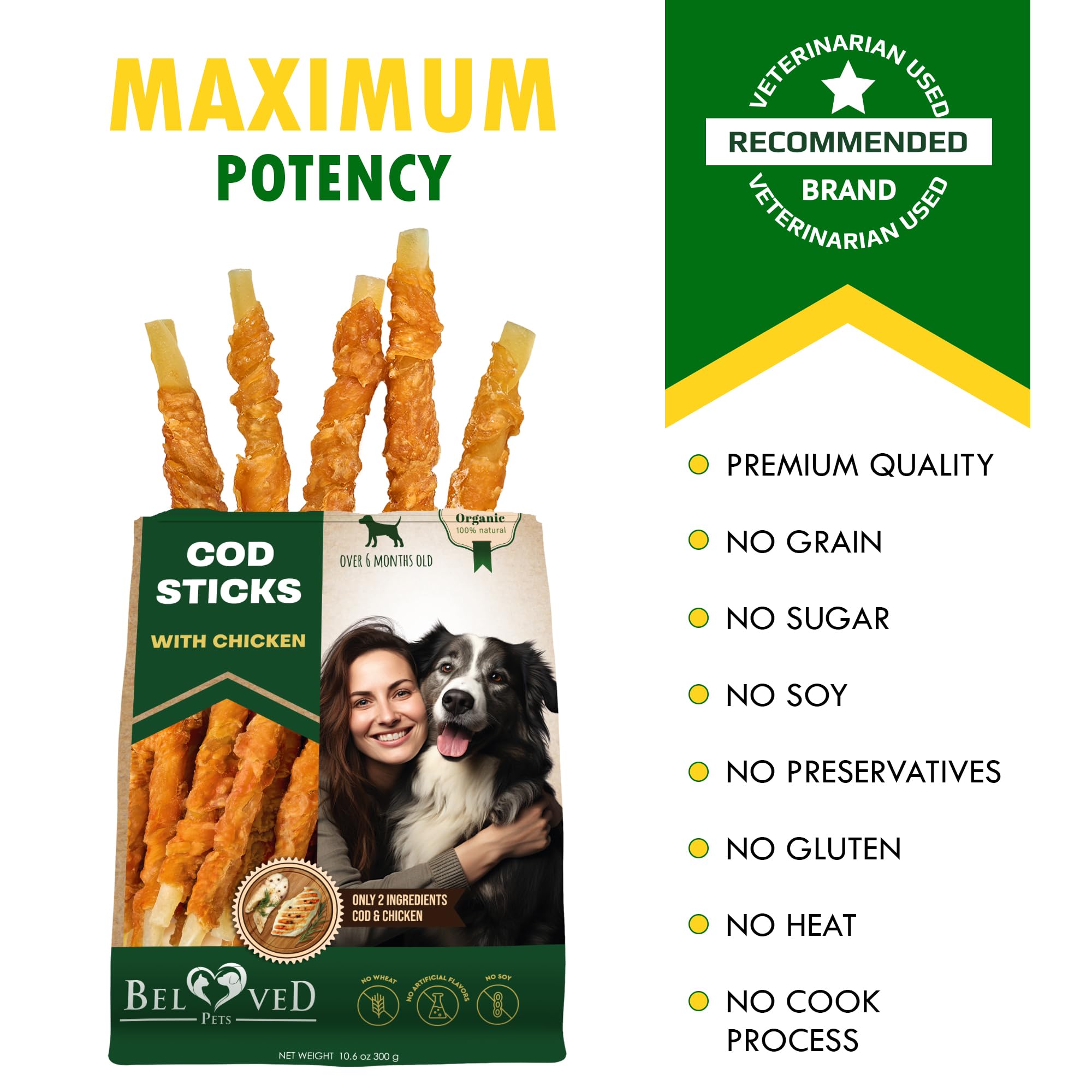 Beloved Pets Cod Sticks Dog Treats Chicken Wrapped - All Natural Rawhide - Free & Grain Free Long Lasting Chews for Large & Small Dogs - Dried Pet Snacks - Support Healthy Teeth & Skin Coat