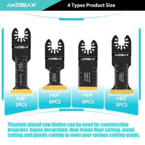 AMZBSAW 18 PCS Titanium Oscillating Tool Blade Metal Cutting, 4 Types Professional Oscillating Saw Blades for Metal Nails and Wood Plastic, Multi Tool Blades Kits Fit Bosch Dewalt Ryobi Milwaukee