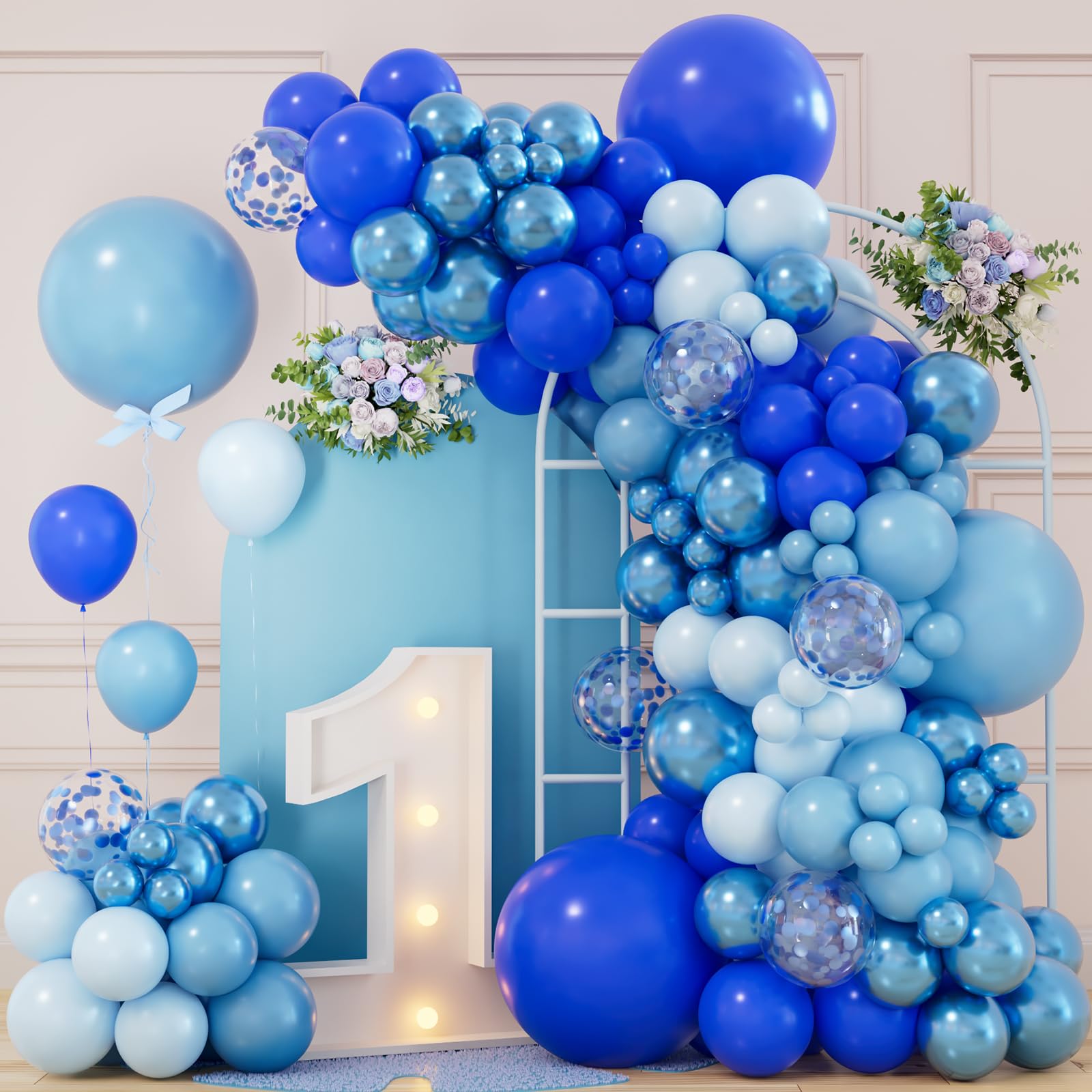 151Pcs Blue Balloon Garland Arch Kit with Different Size Metallic Patel Blue Confetti Balloons for Baby Shower Boys Birthday Wedding Graduation Ocean Themed Party Background Decorations