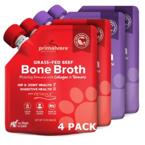 primalvore beef & duck free-range bone broth for dogs &cats, mobility formula w/collagen peptides for hip&joints, digestion, skin&coat and hydration. grain free, human grade, made in usa. 4 pack