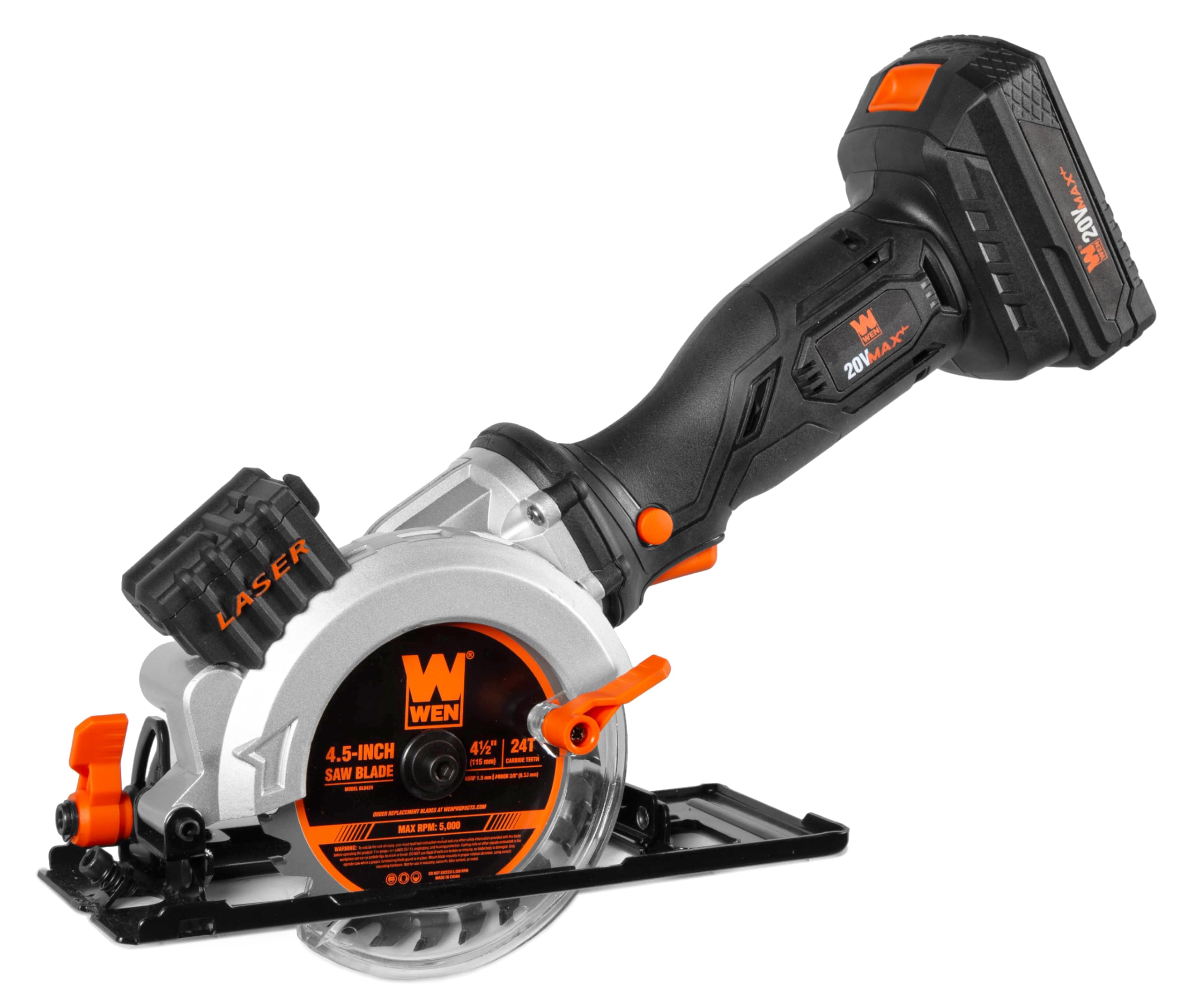 WEN 20V Max 4-1/2-Inch Cordless Mini Circular Saw with 2.0Ah Battery and Charger (20604)