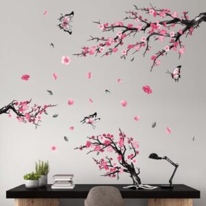 pinkeleph pink watercolor cherry blossom flower wall stickers - tree branch birds floral cherry blossom wall decals - living room bedroom tv sofa background family wall decor