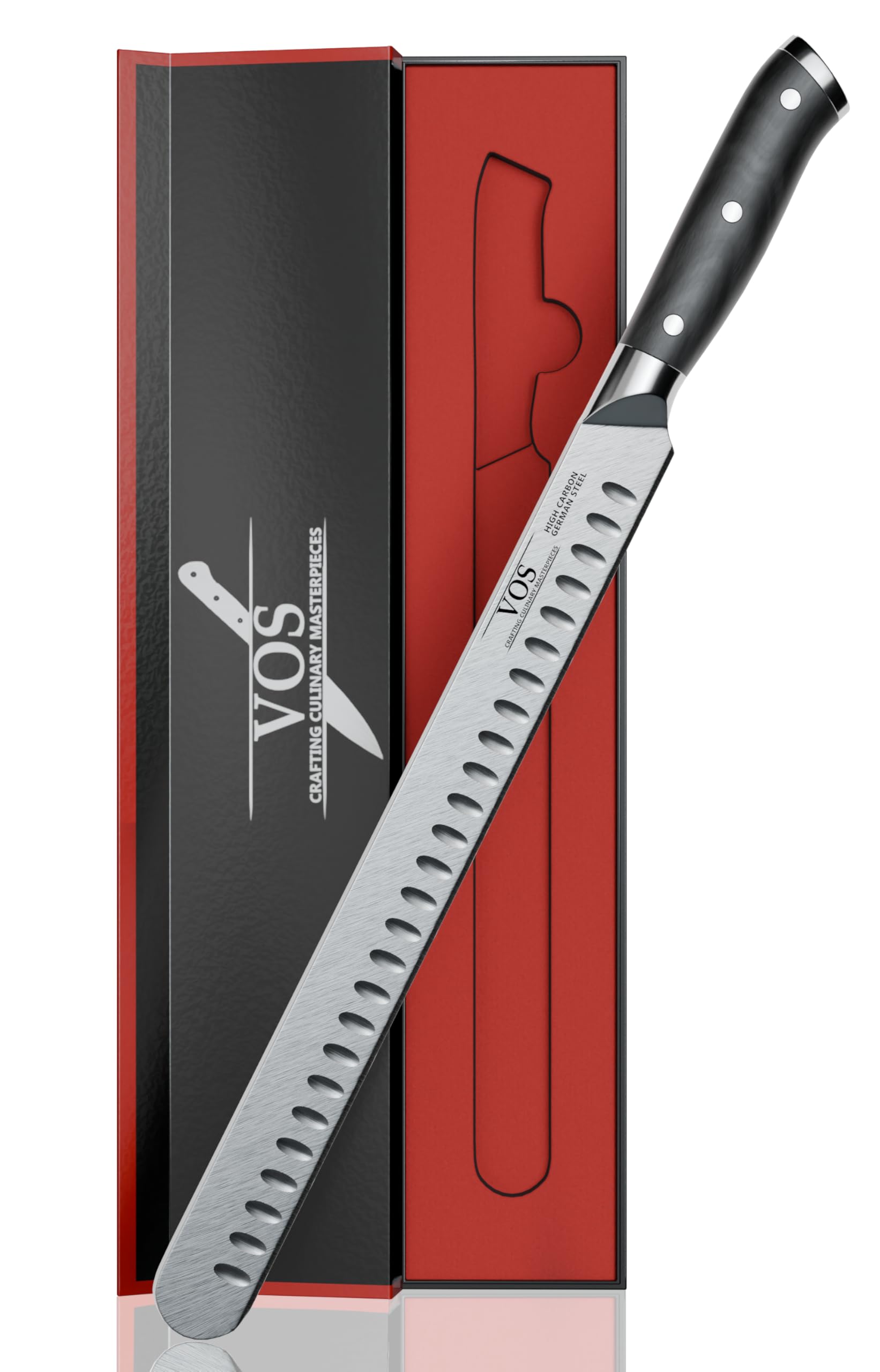 Vos 12'' Carving & Brisket Knife - Razor Sharp German Steel Butcher & Slicing Knife with Ergonomic Handle - Perfect for Meat, Bread, Cheese - Gift Box Included - BBQ & Kitchen Essential