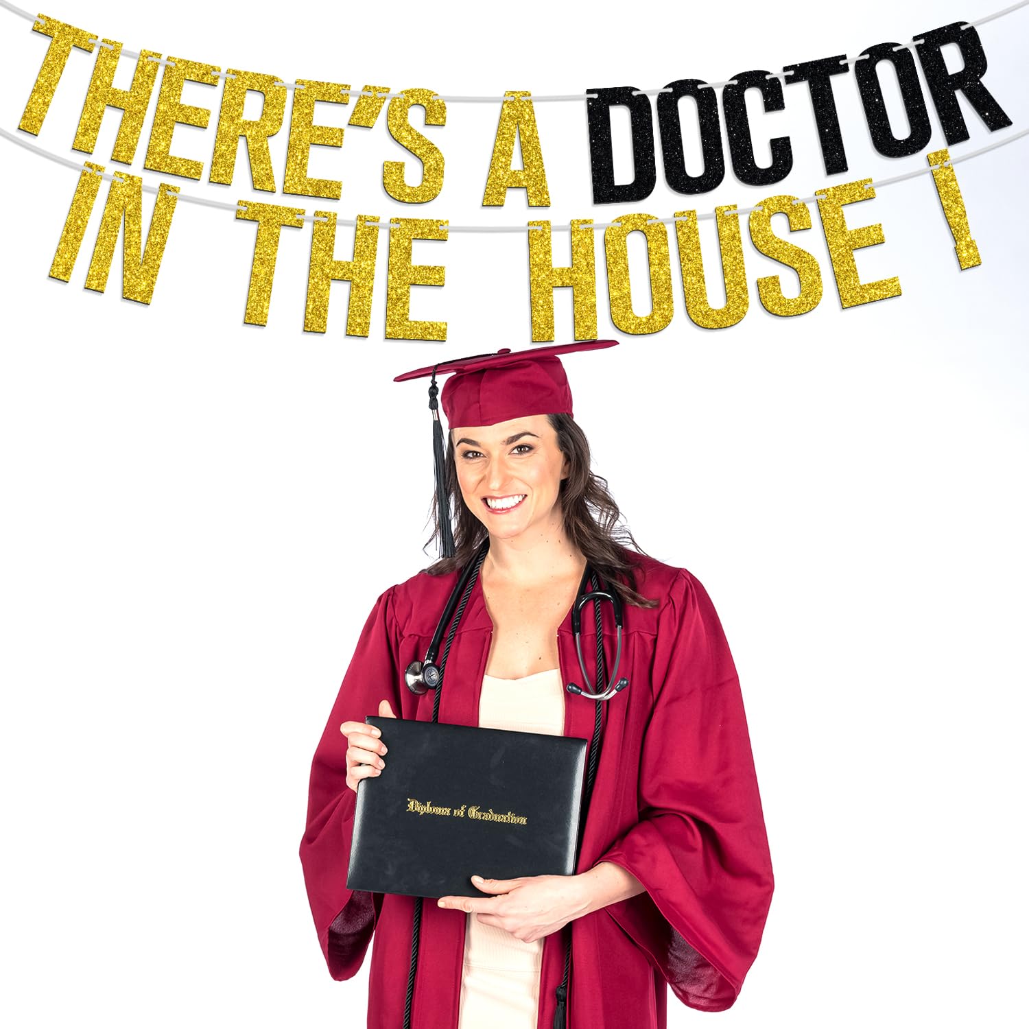 There's a Doctor in The House Banner, Congrats Doctor/Future Doctor, 2024 Medical College Graduation Party Decorations Supplies, Gold Glitter