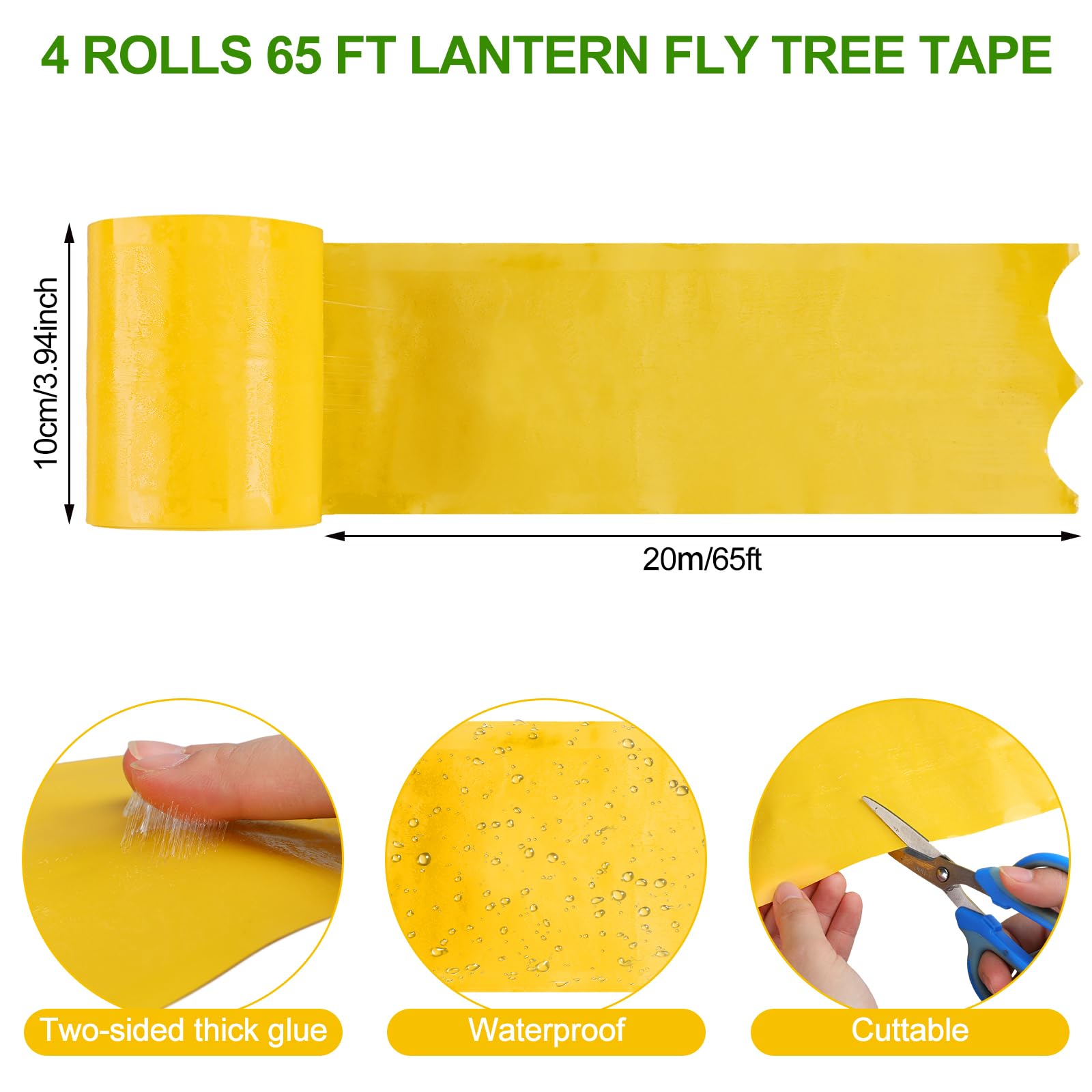 Kittmip 4 Rolls 260ft Lantern Fly Tree Tape Outdoor Adhesive Crawling Insect Trap Yellow Sticky Traps Sticky Barrier Protecting Trees Outdoor Indoor Fruit Tree Lawn Garden Control Aphids Ant Moth