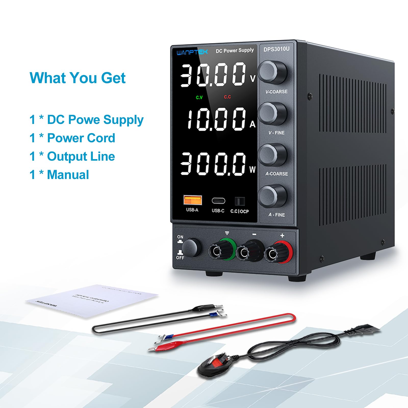 DC Power Supply, Bench Power Supply with Encoder Knob, Adjustable Regulated Power Supply with 5V 3.6A USB & Type-C Quick-Charge, Variable Power Supply with Overcurrent Protection (0-30V 0-10A)