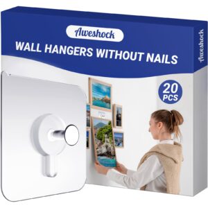 picture hangers without nails, nail free wall hangers,20 counts adhesive wall hooks for hanging with waterproof and oilproof,13 lbs load max