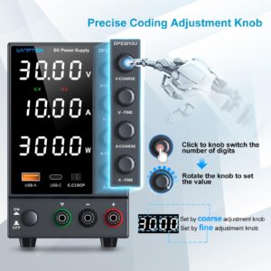 DC Power Supply, Bench Power Supply with Encoder Knob, Adjustable Regulated Power Supply with 5V 3.6A USB & Type-C Quick-Charge, Variable Power Supply with Overcurrent Protection (0-30V 0-10A)