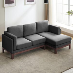 mjkone 84-inch convertible sectional sofa couch with 7" thick cushion, upholstered linen fabric l-shaped couch, 3-seat sofa sectional with chaise lounge for living room, apartment(dark grey)