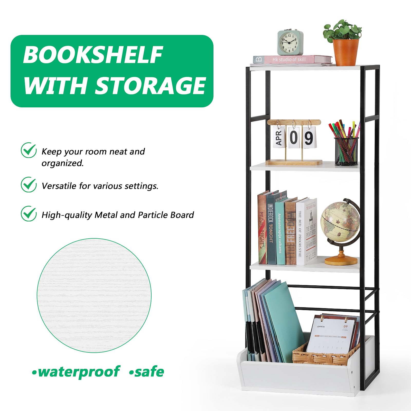 Vrisa White Bookcase 4 Tier Bookshelf with Storage Small Toy Storage Organizer for Books, CDs, Movies Bookcase Storage Organizer Bookshelves for Bedroom Home Office Living Room