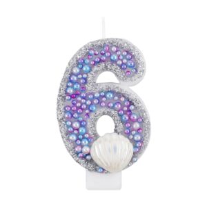 girls glitter 6 birthday number candle, pink shell sequins blue purple pearls number birthday candles for boys girls birthday cakes mermaid themed birthday decorations party supplies number 6 candle