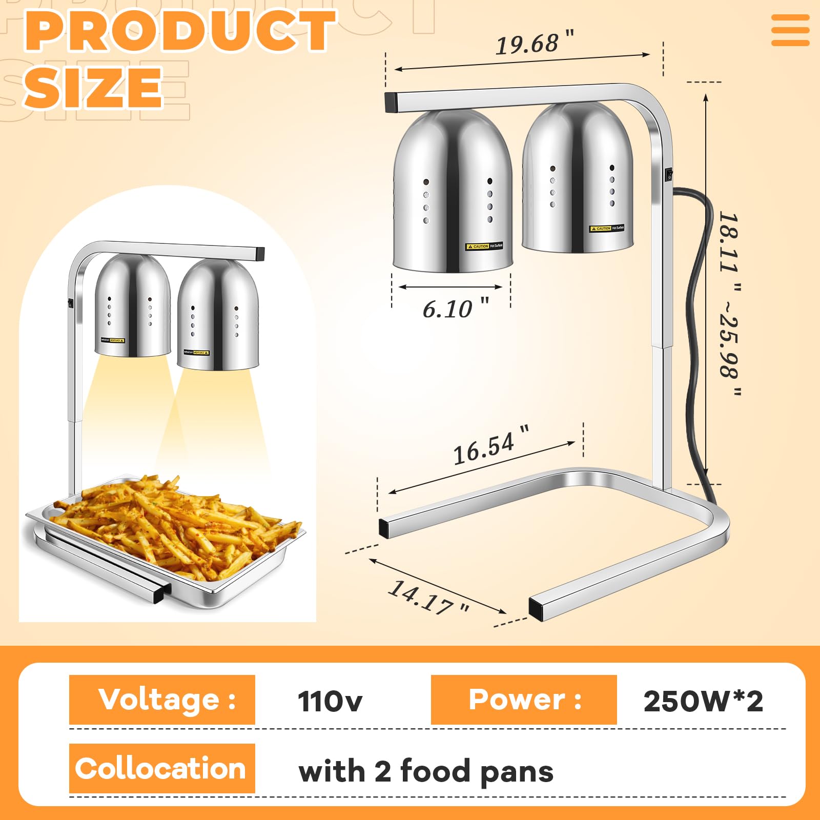 VIHOSE Commercial Food Heat Lamp with 2 Food Pans 110V Electric Food Warmer 2 Bulbs Stainless Steel Heat Lamp Adjustable Frame for Food Preservation Restaurant Buffet Hotel Kitchen Party, Silver