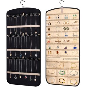 hakacc jewelry organizers and storage with hanger metal hooks double-sided necklace hold organizer, over the door jewelry storage