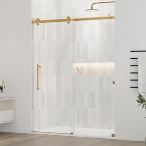 delavin 56-60.in w x 72.in h frameless shower door, water repellent gold shower door with 5/16" (8mm) clear tempered glass, easy sliding showe door with explosion-proof film, stainless steel