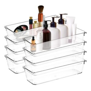 ravinte decor 8 pack drawer organizer - 3" x 9" clear acrylic storage bins with non-slip pads, versatile desk tray for makeup, jewelry, kitchen, bathroom, and office organization