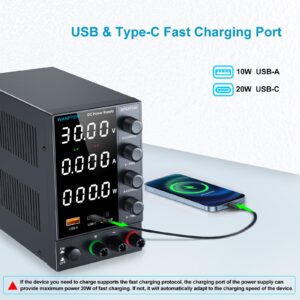 DC Power Supply, Bench Power Supply with Encoder Knob, Adjustable Regulated Power Supply with 5V 3.6A USB & Type-C Quick-Charge, Variable Power Supply with Overcurrent Protection (0-30V 0-10A)