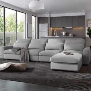 hanstrong 129.9" modern sectional sofa oversized l shaped couch with reversible chaise, 5 seat modular sectional couch feather filled sectional sofa for living room apartment, light grey