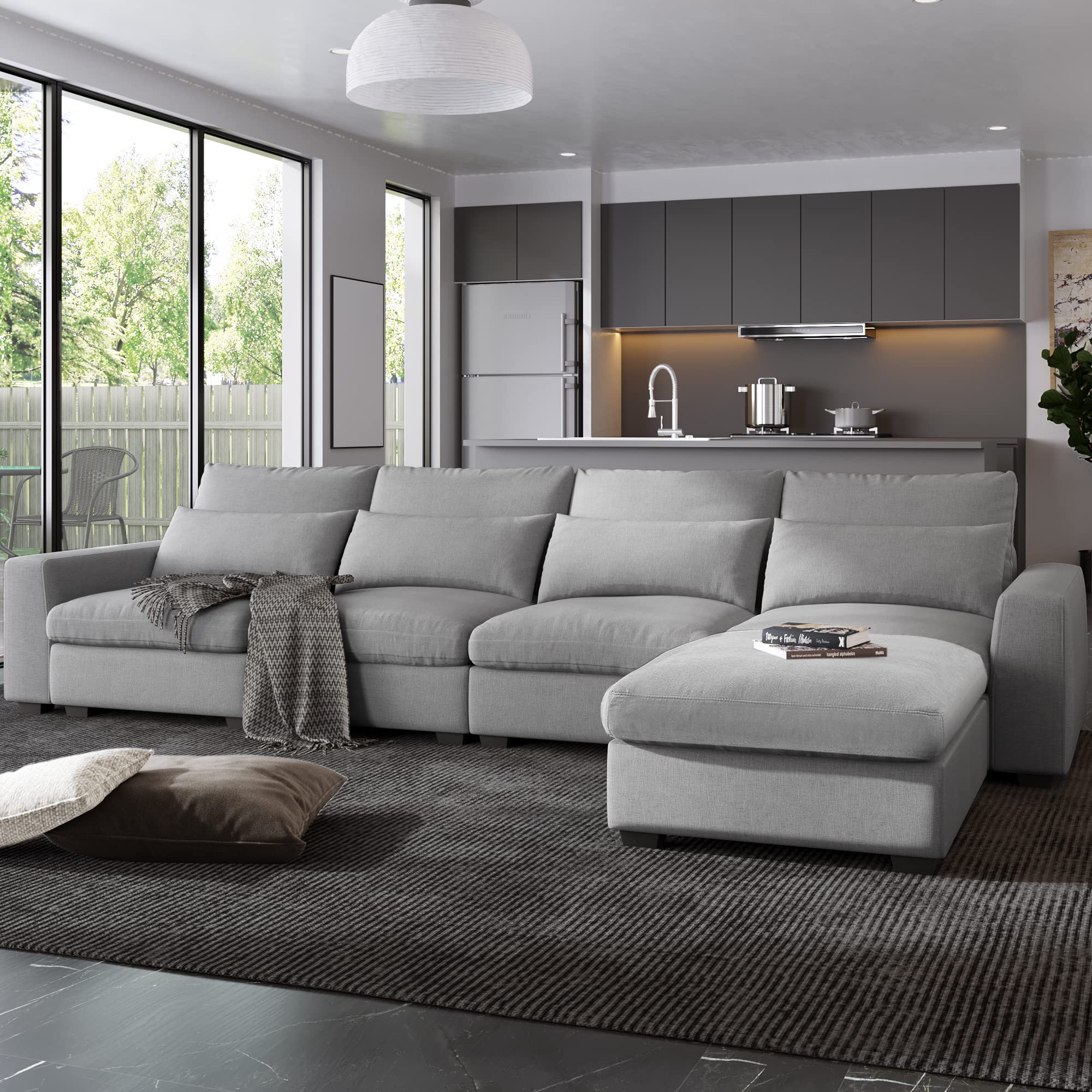 HanStrong 129.9" Modern Sectional Sofa Oversized L Shaped Couch with Reversible Chaise, 5 Seat Modular Sectional Couch Feather Filled Sectional Sofa for Living Room Apartment, Light Grey