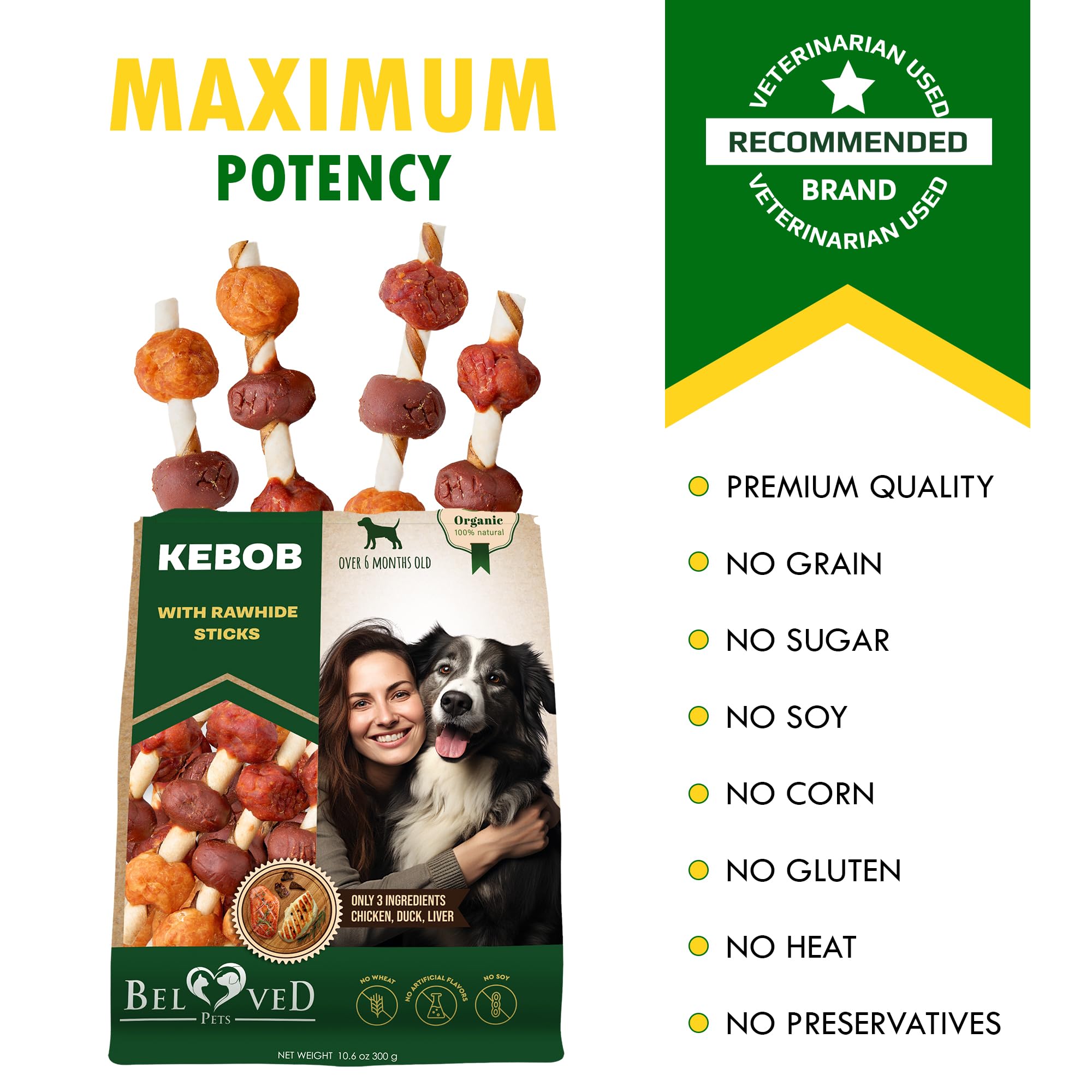 Kabobs Dog Rawhide Treats with Duck & Chicken Human Grade Meat - All Natural & Organic Dried Snacks - Grain Free Long Lasting Chews for Large & Small Dogs - Best Sticks for Training & Healthy Teeth