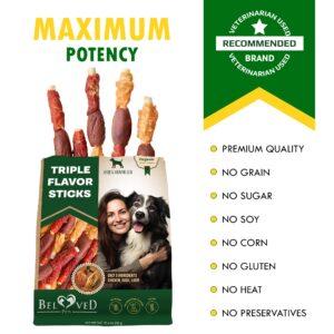 Triple Flavor Dog Rawhide Treats - Duck & Chicken Human Grade Meat - Natural Pet Dried Snacks - Grain Free Long Lasting Chews for Large & Small Dogs - Best Sticks for Healthy Teeth