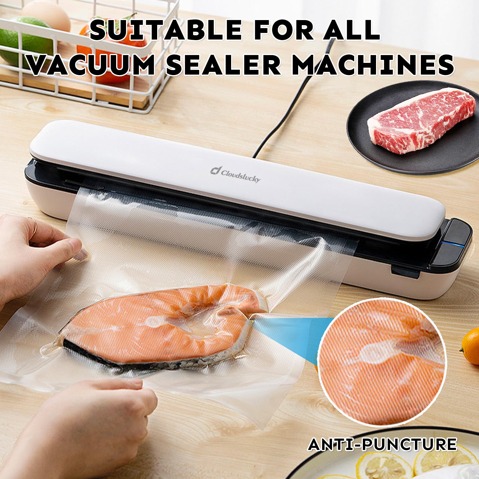 Cloudslucky Vacuum Sealer Food Saver Rolls Bag 10"X20'3Pack, BPA-Free Thick Seal Meal Bags Roll, Commercial Customize Size, Sous Vide Cooking Vacuum Seal Rolls, Meat Cheese Dry Goods