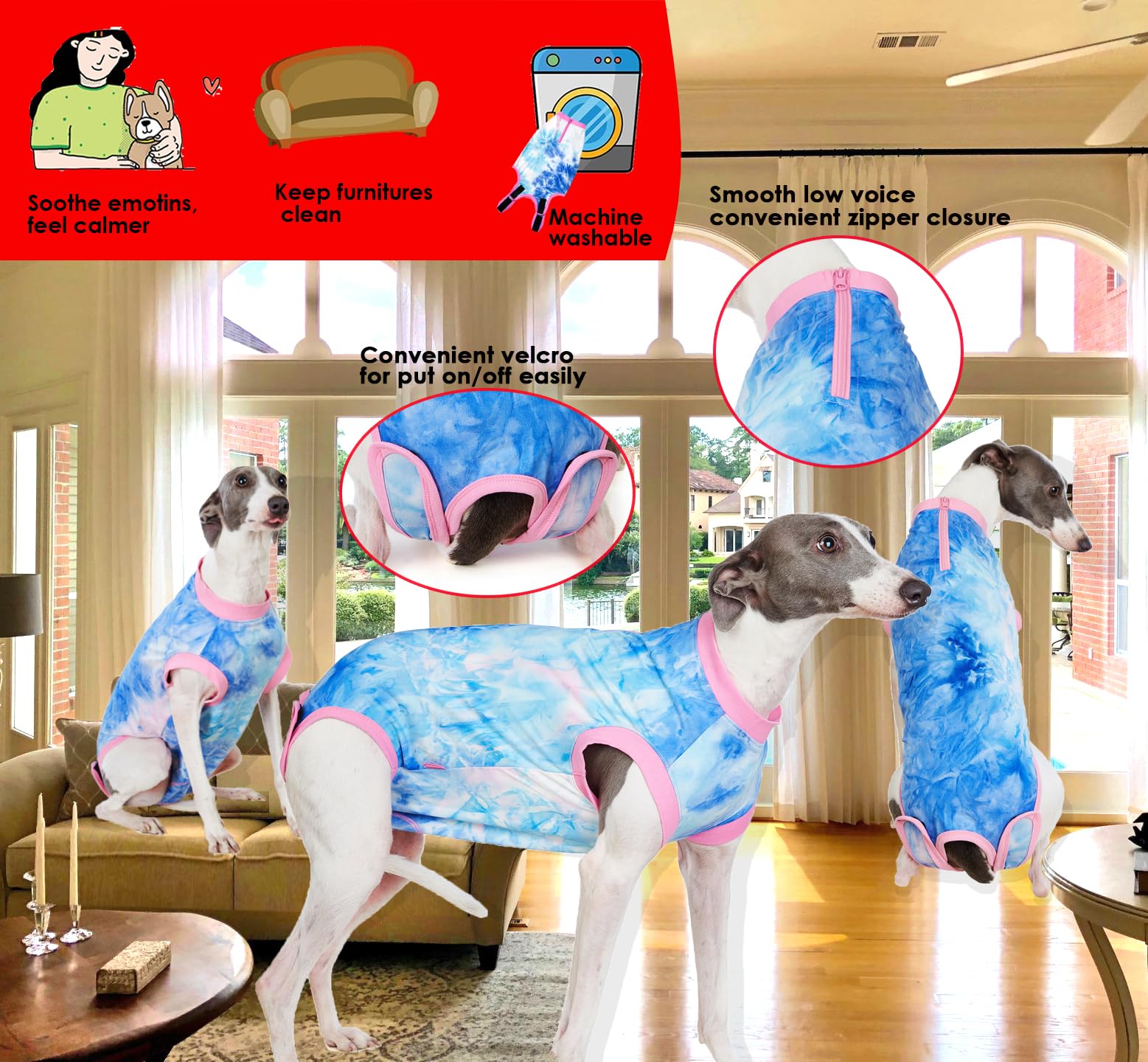 Wabdhaly Dog Surgery Recovery Suit for Large Female Spay,Anti Licking Dog Surgical Recovery Onesie,Tie Dye Blue Pink XL