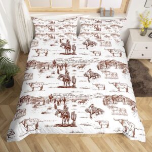 western cowboy bedding set queen size,vintage southwest style duvet cover set desert cactus cow horse animals comforter cover for kids boys girls adult room decor,sketch brown white quilt cover 3pcs