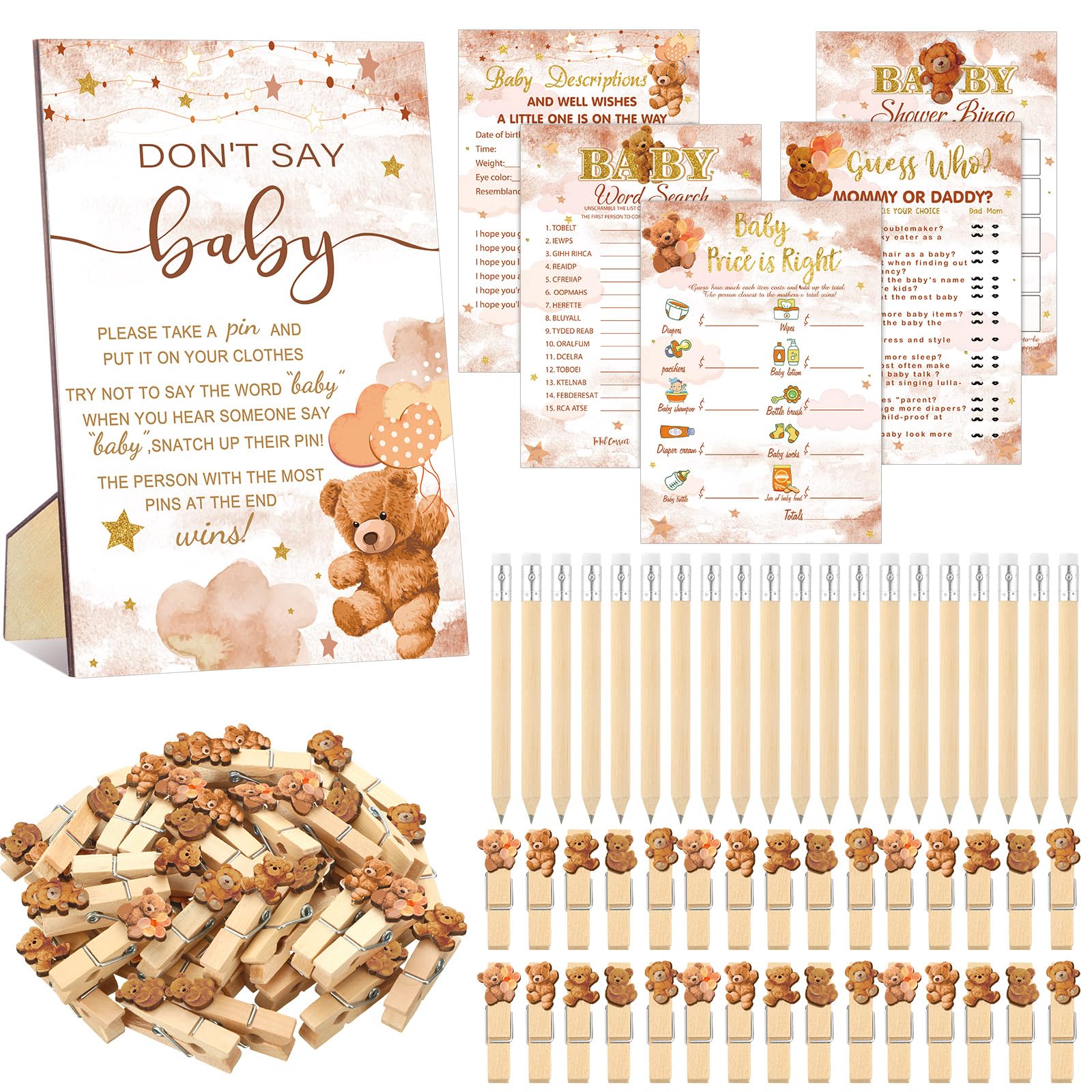 Patelai 321 Pcs Baby Shower Games Supplies, 5 Sets (50 Cards Each) Activities Cards with 20 Pencils 1 Don't Say Baby Sign 50 Clothespin(Brown Bear)