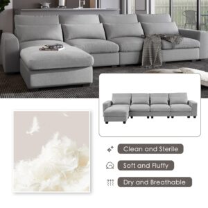 HanStrong 129.9" Modern Sectional Sofa Oversized L Shaped Couch with Reversible Chaise, 5 Seat Modular Sectional Couch Feather Filled Sectional Sofa for Living Room Apartment, Light Grey