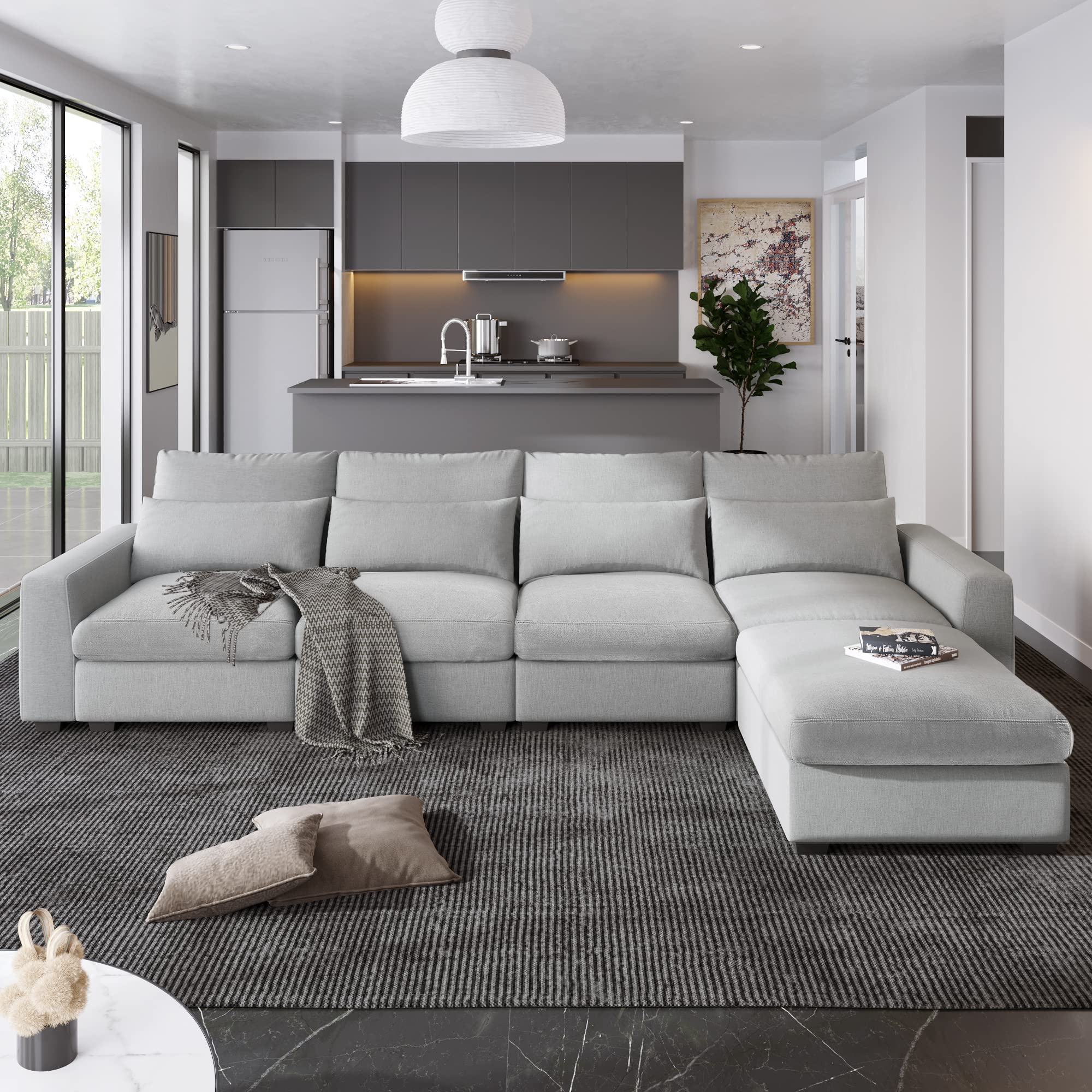 HanStrong 129.9" Modern Sectional Sofa Oversized L Shaped Couch with Reversible Chaise, 5 Seat Modular Sectional Couch Feather Filled Sectional Sofa for Living Room Apartment, Light Grey