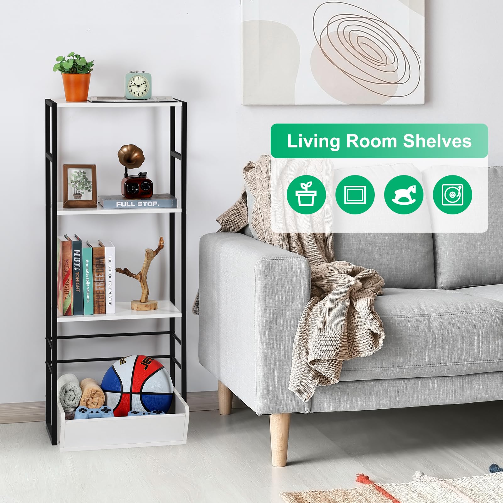 Vrisa White Bookcase 4 Tier Bookshelf with Storage Small Toy Storage Organizer for Books, CDs, Movies Bookcase Storage Organizer Bookshelves for Bedroom Home Office Living Room